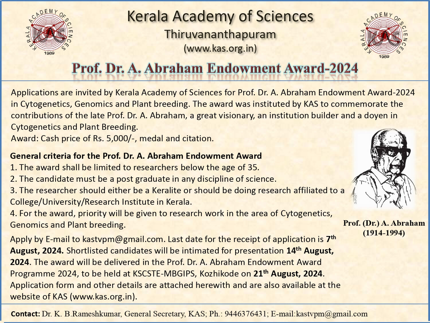 Prof. Dr. A. Abraham Endowment Award-2024 – Kerala Academy of Sciences